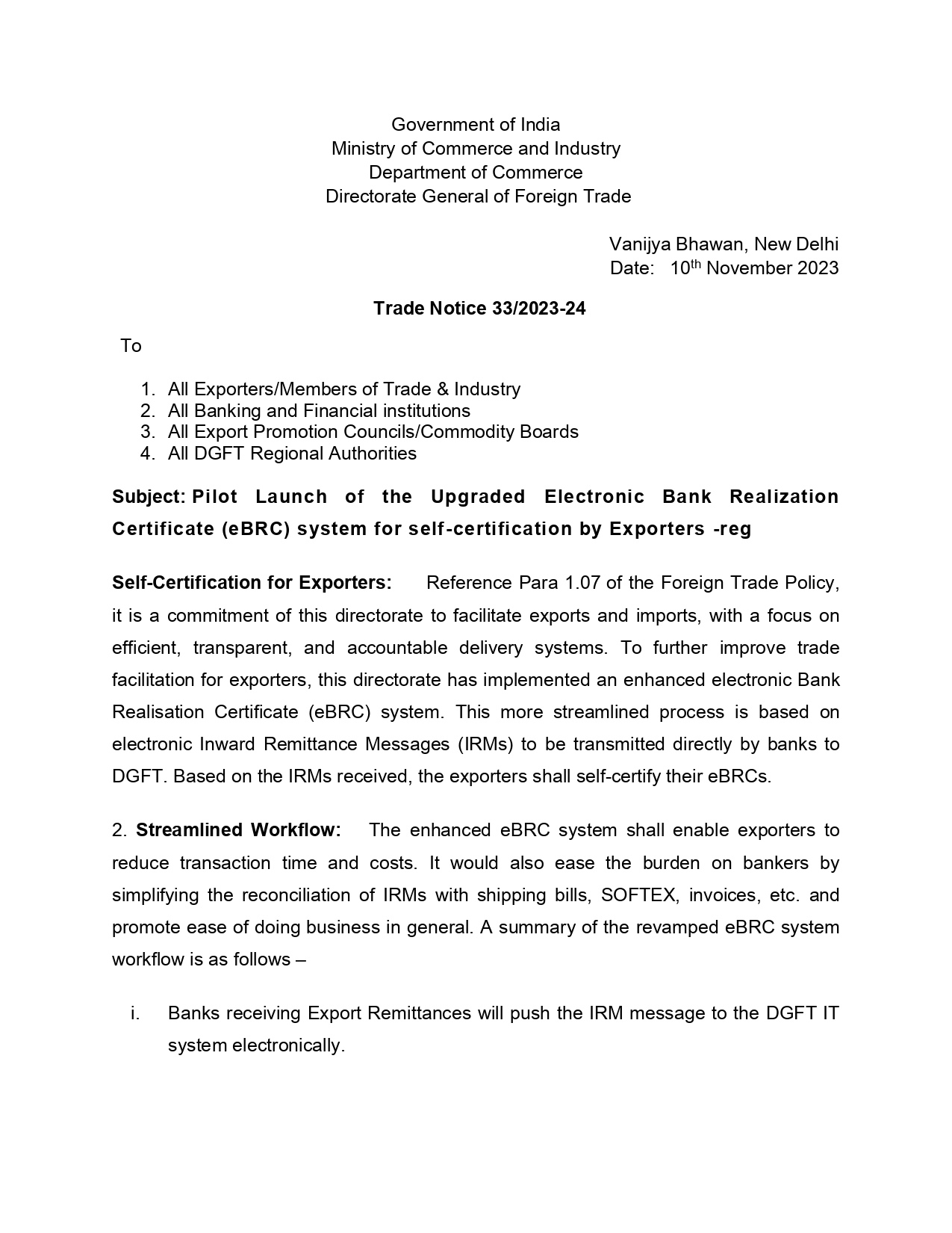 DGFT has announced Upgraded eBRC system for self-certification by Exporters